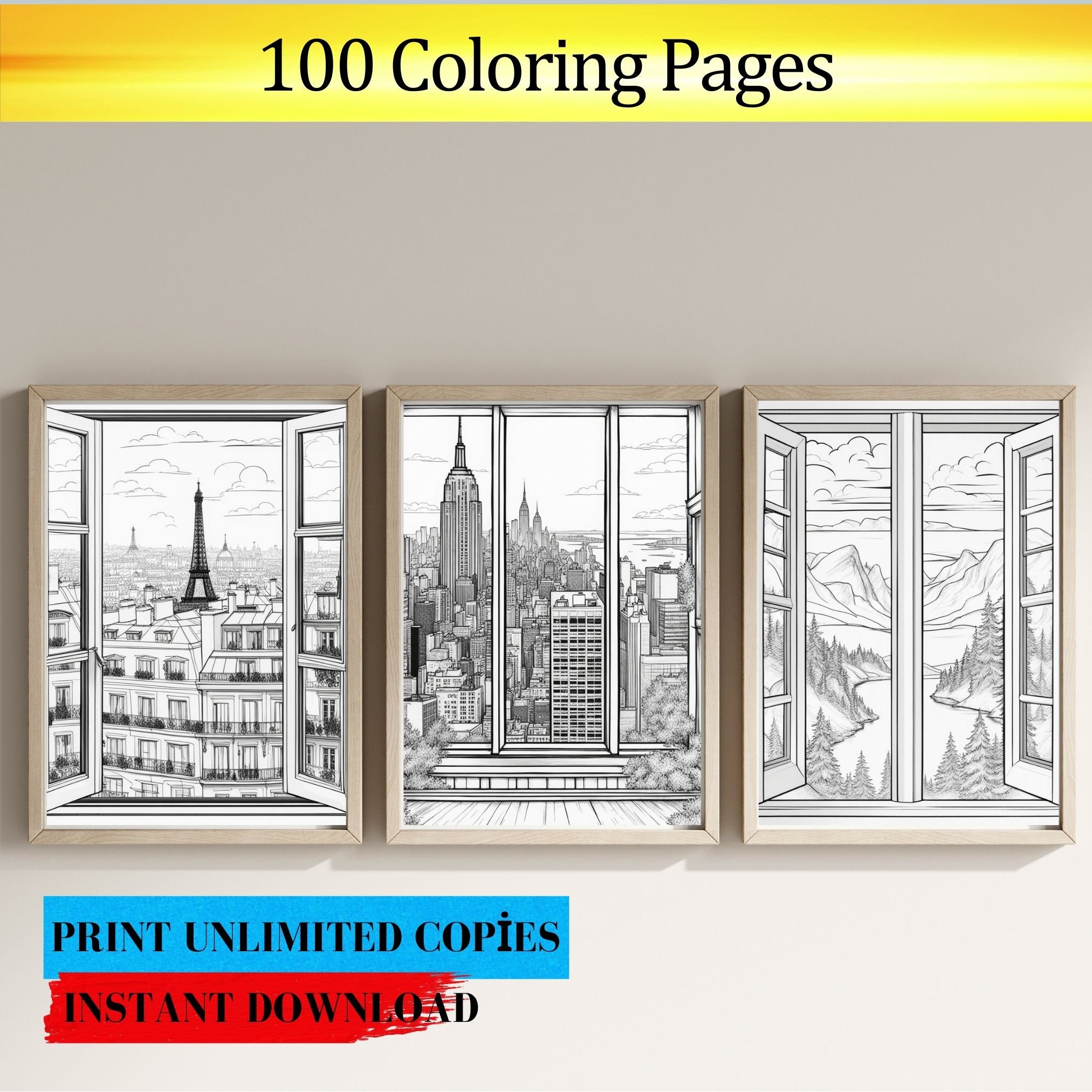 100 Window to Views World, Coloring Pages for Adults, Instant Download ...