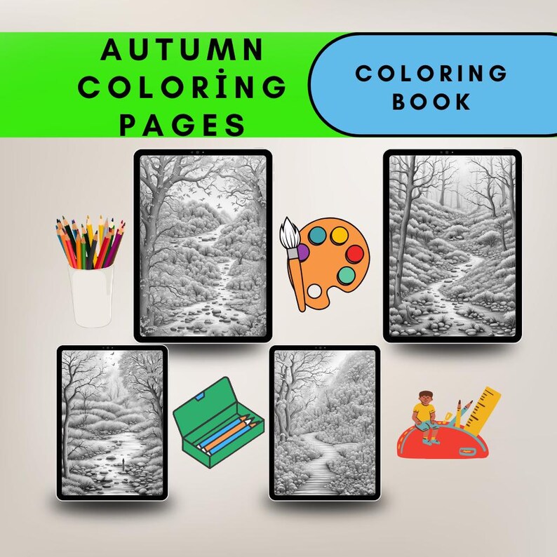 30 Autumn Coloring Pages Kids and Adult Coloring Book, Grayscale ...