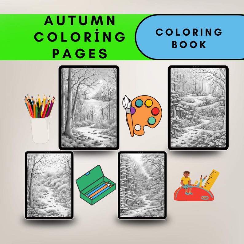 30 Autumn Coloring Pages Kids and Adult Coloring Book, Grayscale ...
