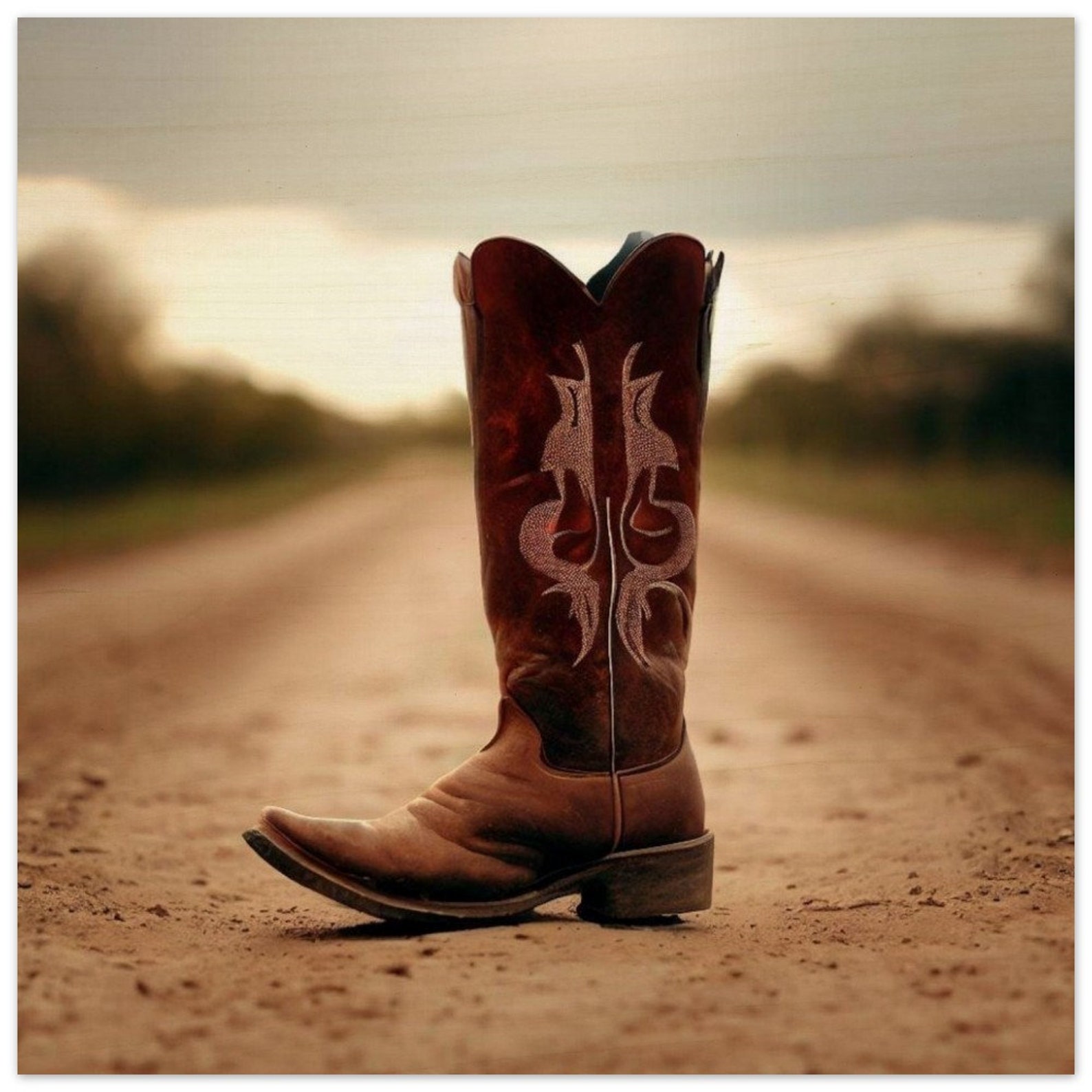 Wooden Print of Cowboy Boot on Dirt Road - Etsy