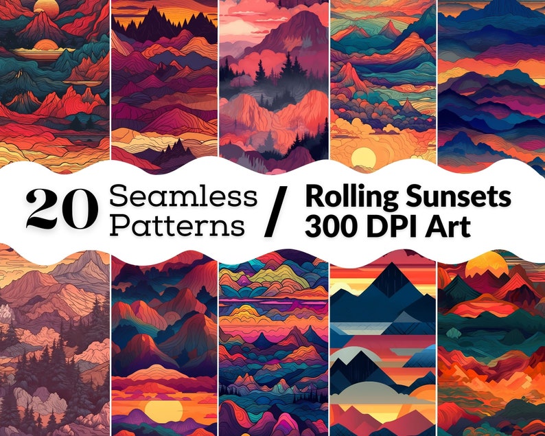 Sunset Mountain Digital Seamless Pattern Set 20 High Quality Printable ...