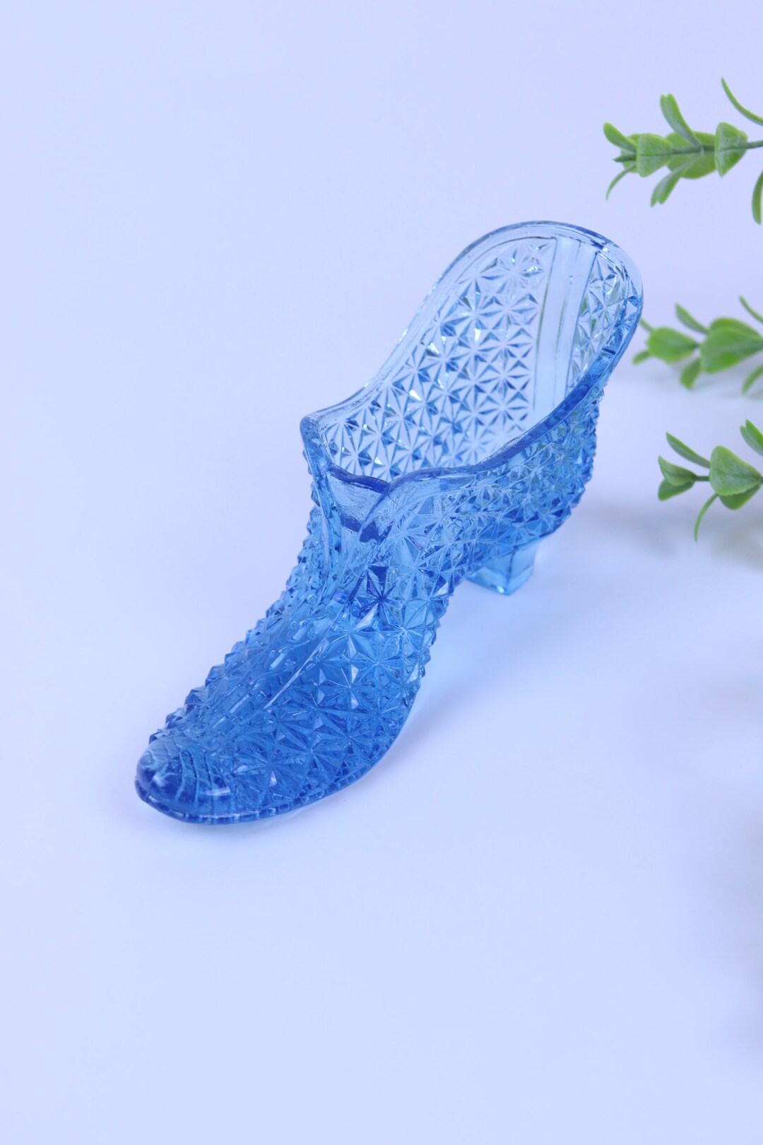 Vintage FENTON Glass Blue Daisy Button SHOE Heel Bootie Slipper Trinket ...