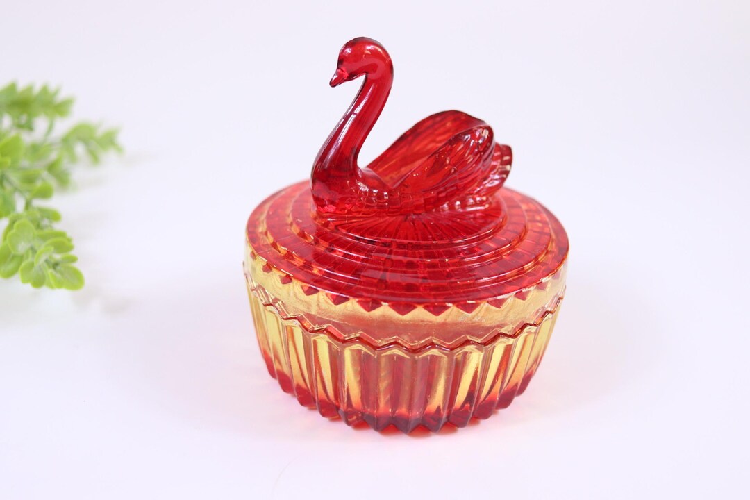 Vintage Jeanette Amberina Glass Powder Jar Swan Lipstick Holder Lid ...