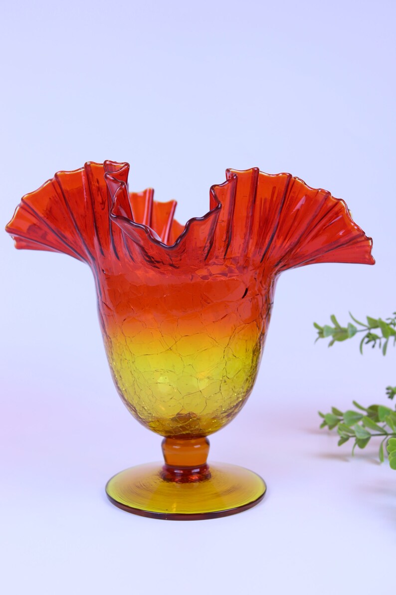 Blenko Glass Red Amberina Footed Vase Ruffled Crackle 8tall Vintage - Etsy