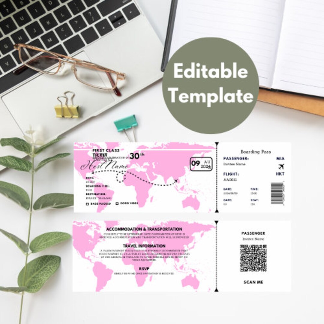 Editable Flight Ticket Invitation Template Destination Trip Invite ...