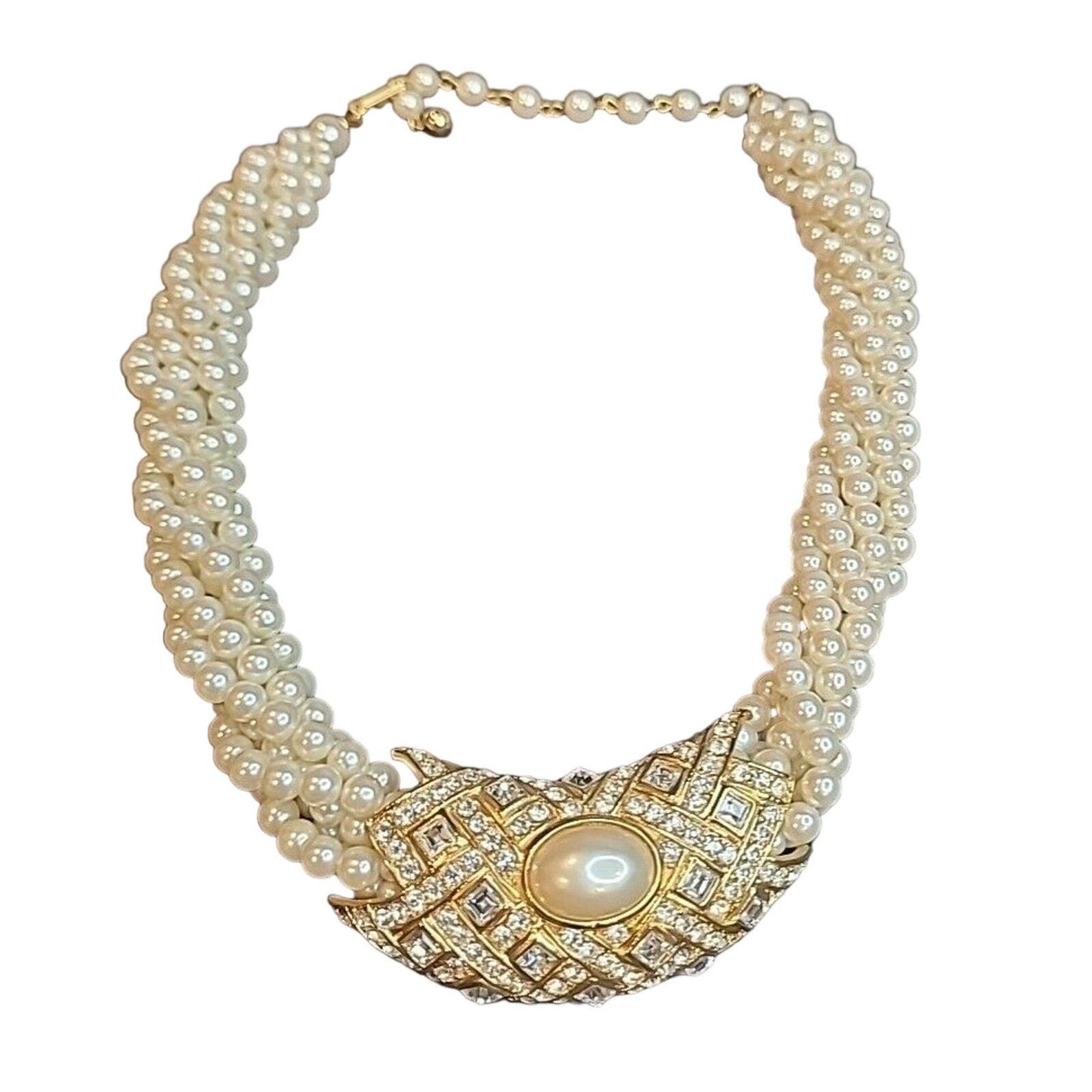 VTG Trifari TM Faux Pearl Multistrand Torsade Gold Tone Setting Inlay ...