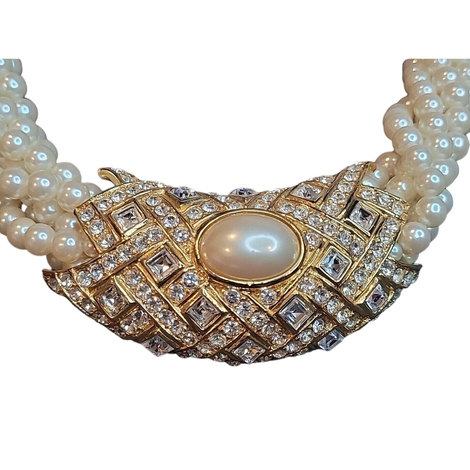 VTG Trifari TM Faux Pearl Multistrand Torsade Gold Tone Setting Inlay ...