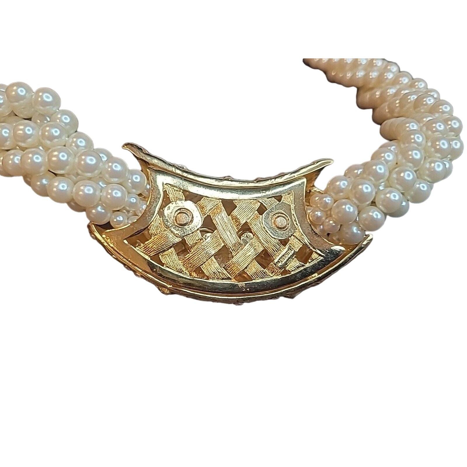 VTG Trifari TM Faux Pearl Multistrand Torsade Gold Tone Setting Inlay ...