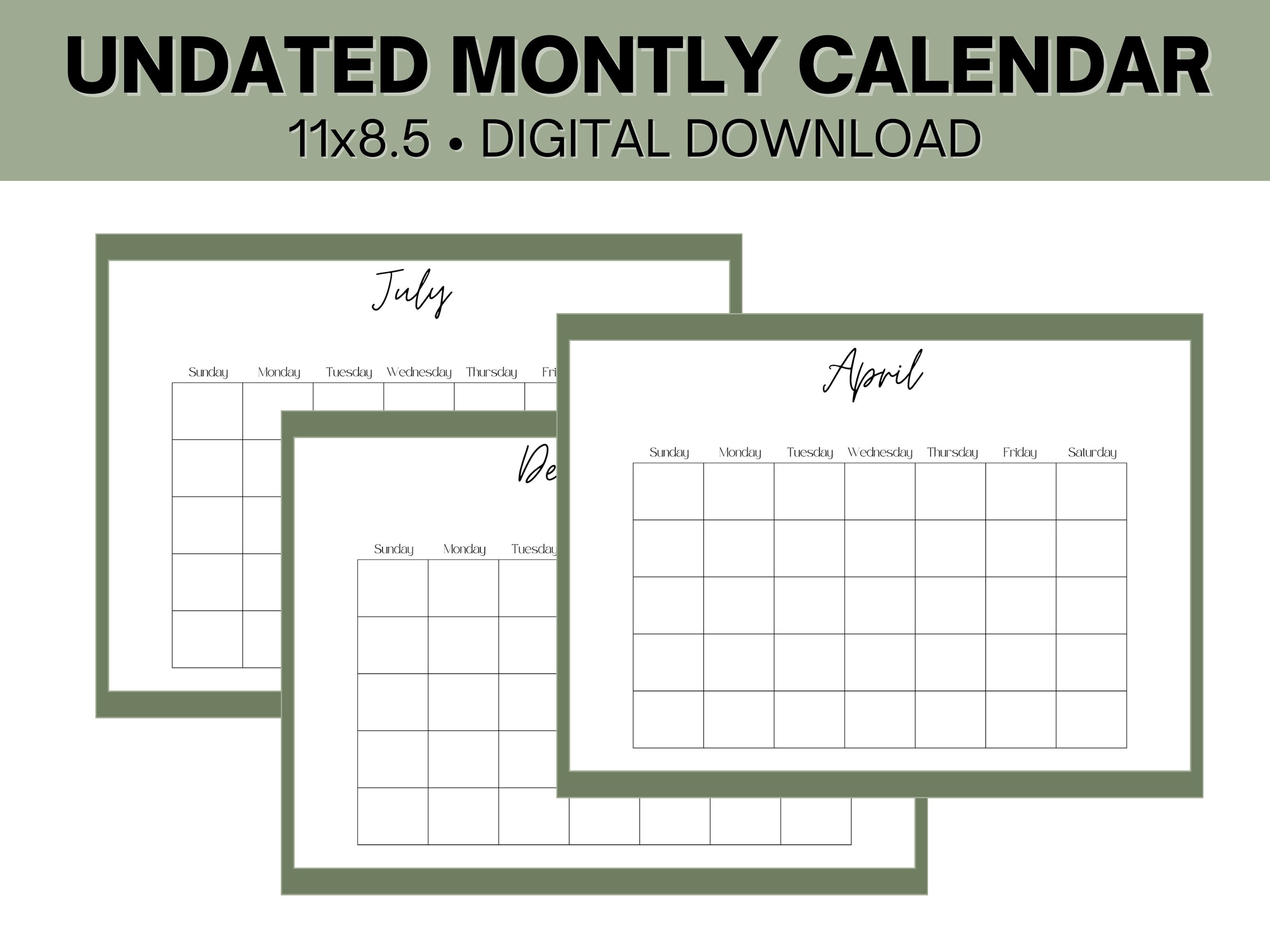 Undated Monthly Calendar PDF Instant Download 11x8.5 - Etsy