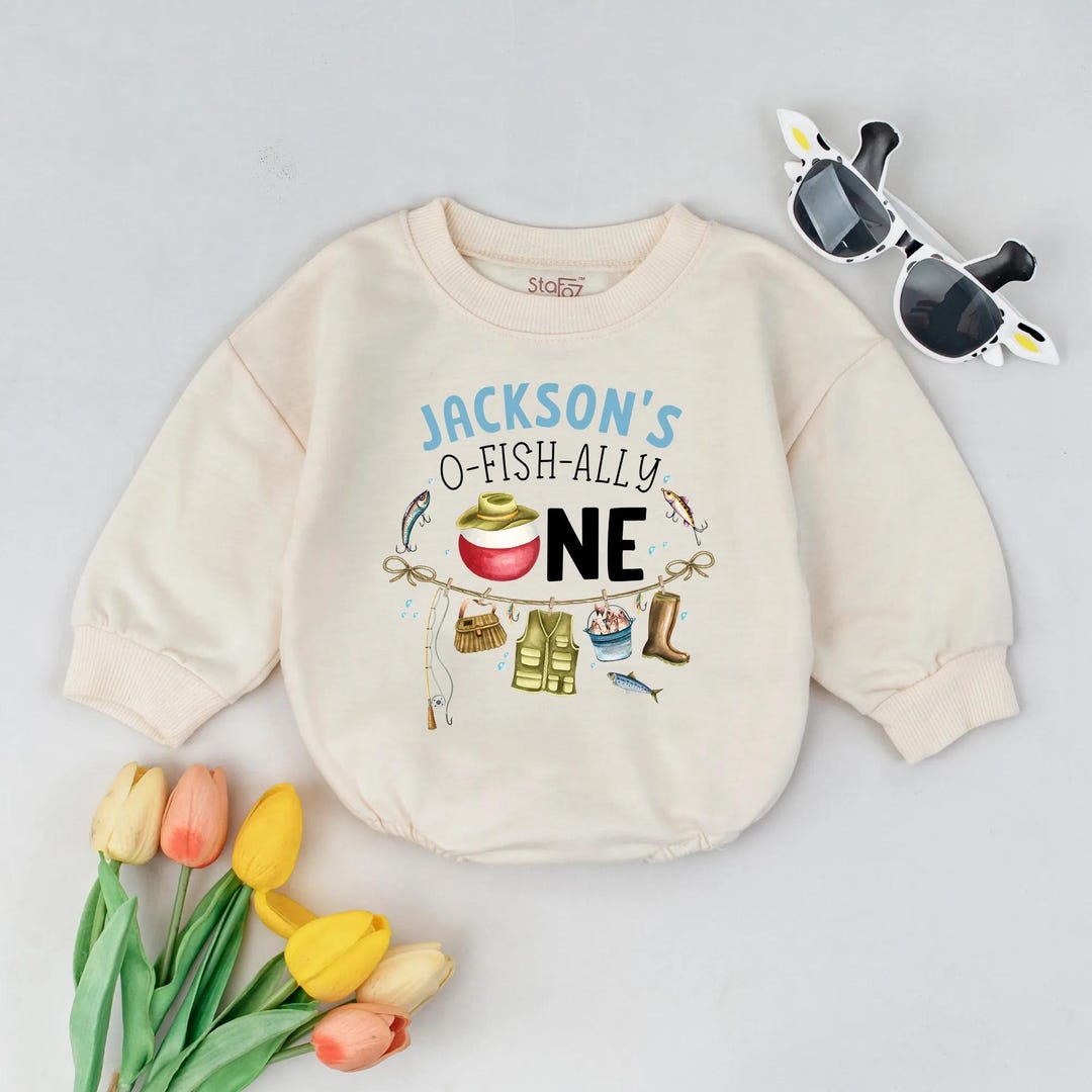 Personalized O-fish-ally One Romper, Baby Boy Fishing Birthday Outfit ...