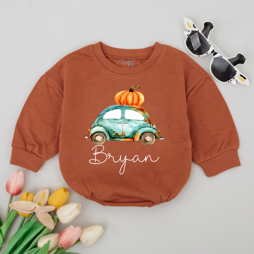 Personalized Boho Boys Fall Tractor Baby Romper, Watercolor Truck Car ...