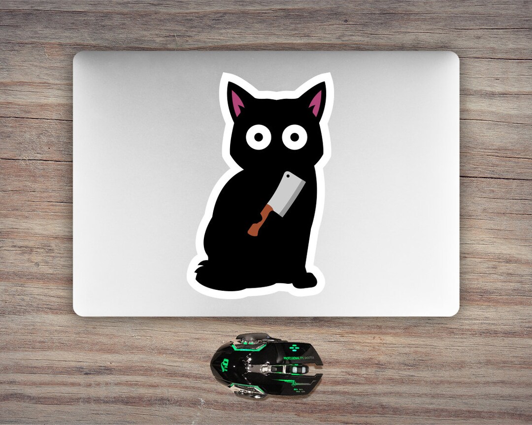 Chibi Black Cat With Meat Cleaver Sticker, Weatherproof, Laminated ...