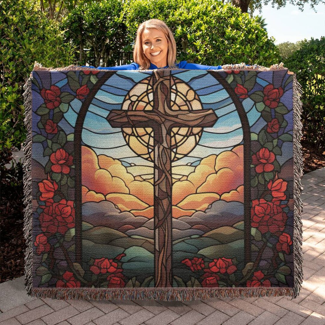Church Stained Glass Woven Blanket in Unique Religious Decor for Cozy ...