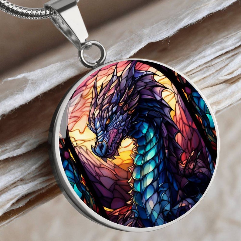 Colorful Dnd Dragon Stained Glass Engraving Necklace Pendant Medieval ...