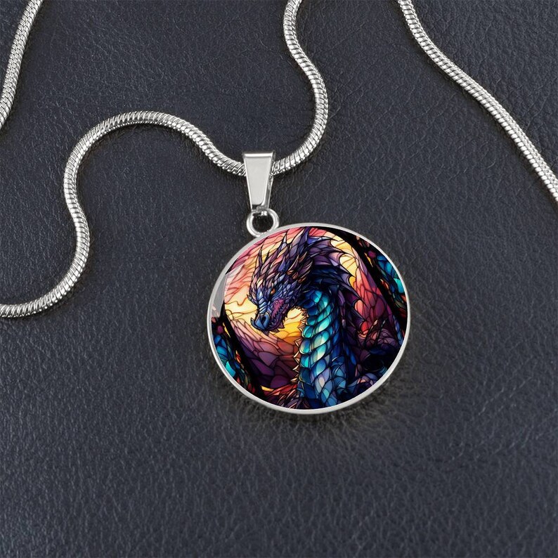 Colorful Dnd Dragon Stained Glass Engraving Necklace Pendant Medieval ...