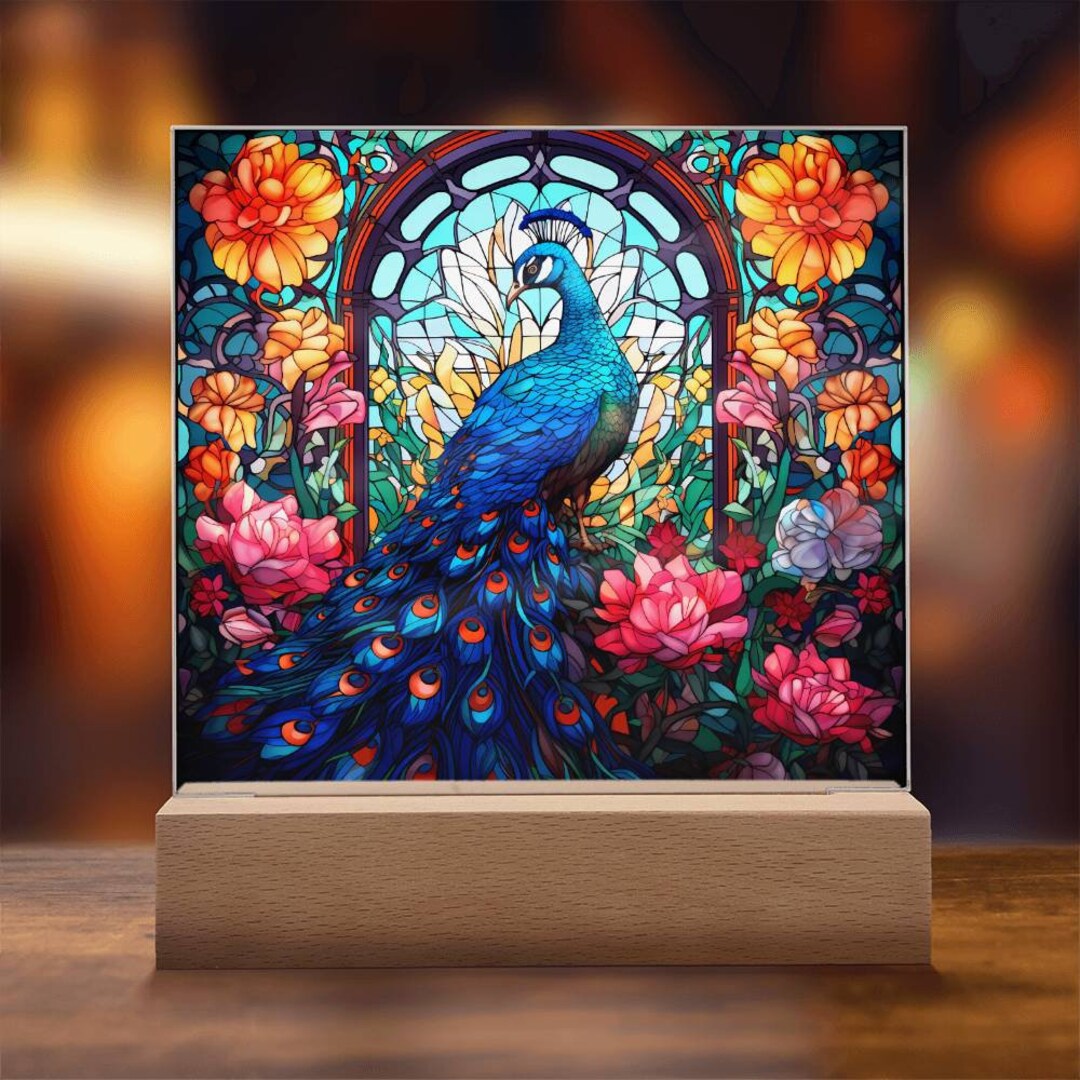 Peacock Faux Stained Glass Acrylic Plaque, Peacock Night Light, Peacock ...