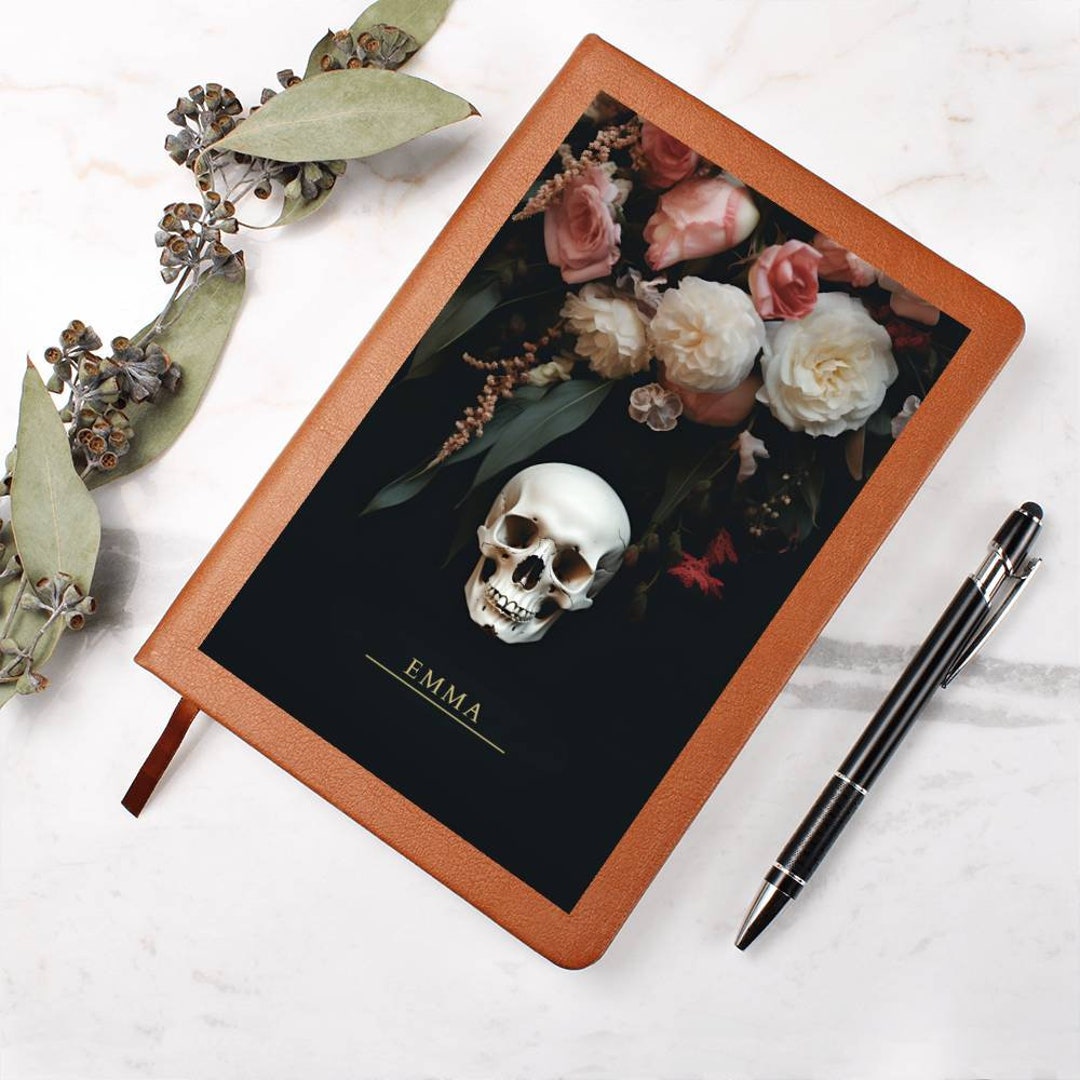 Personalized Name Skull and Flowers Leather Journal, Dream Journal ...