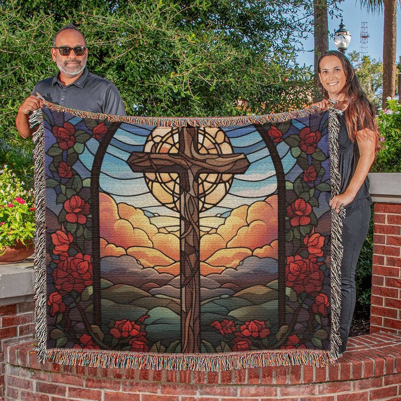 Church Stained Glass Woven Blanket in Unique Religious Decor for Cozy ...