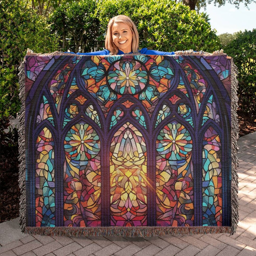 Church Stained Glass Woven Blanket in Unique Religious Decor for Cozy ...