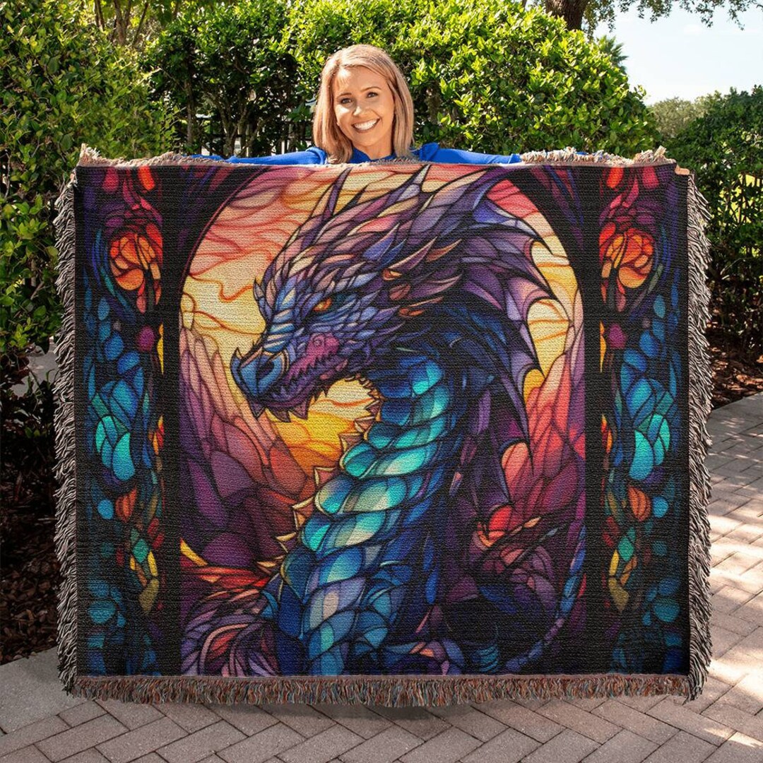 Colorful Dnd Dragon Stained Glass Heirloom Woven Blanket Medieval ...