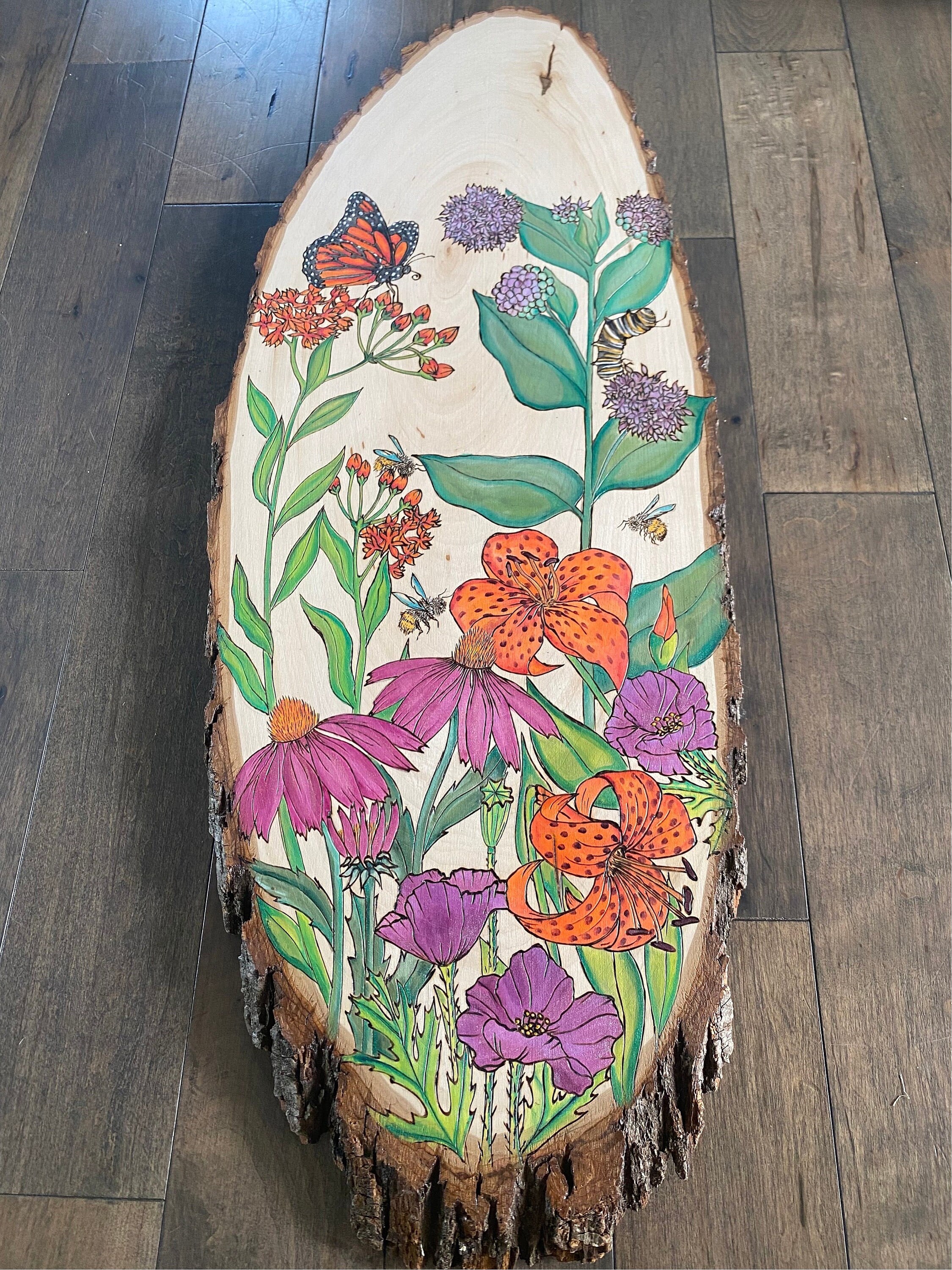 Milkweed & Monarch Wood Burn Art, Wood Tree Slab Art, Floral Painting ...