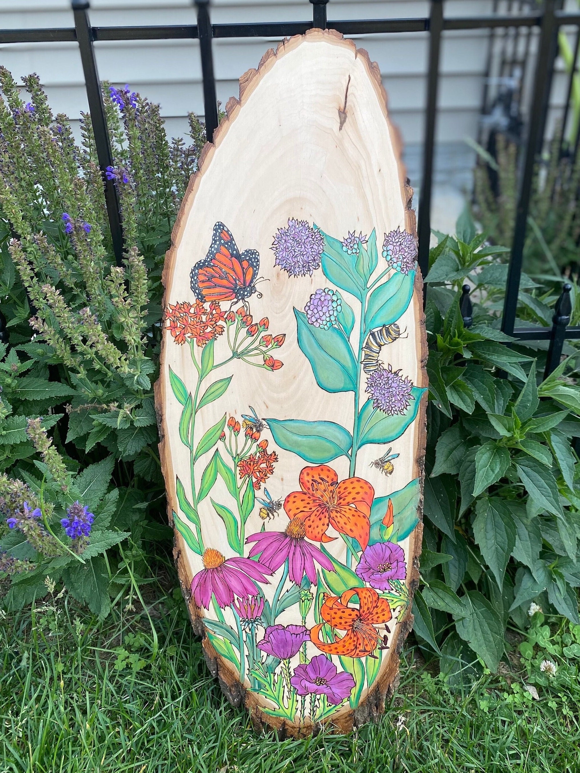 Milkweed & Monarch Wood Burn Art, Wood Tree Slab Art, Floral Painting ...