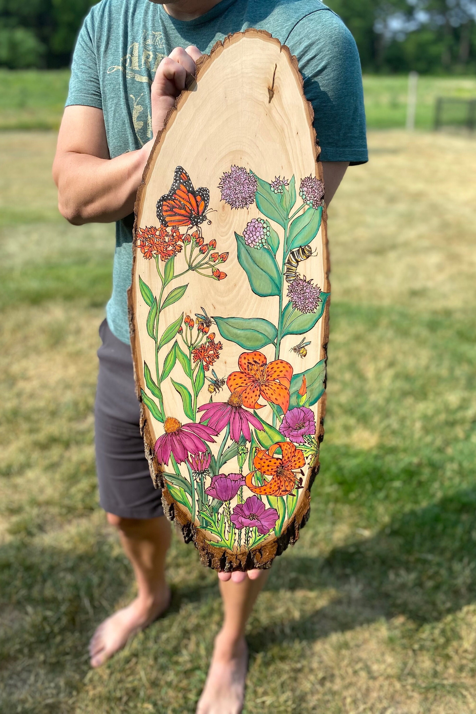 Milkweed & Monarch Wood Burn Art, Wood Tree Slab Art, Floral Painting ...
