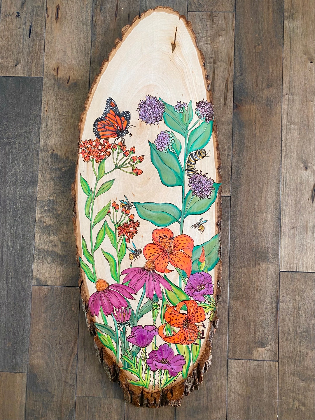 Milkweed & Monarch Wood Burn Art, Wood Tree Slab Art, Floral Painting ...