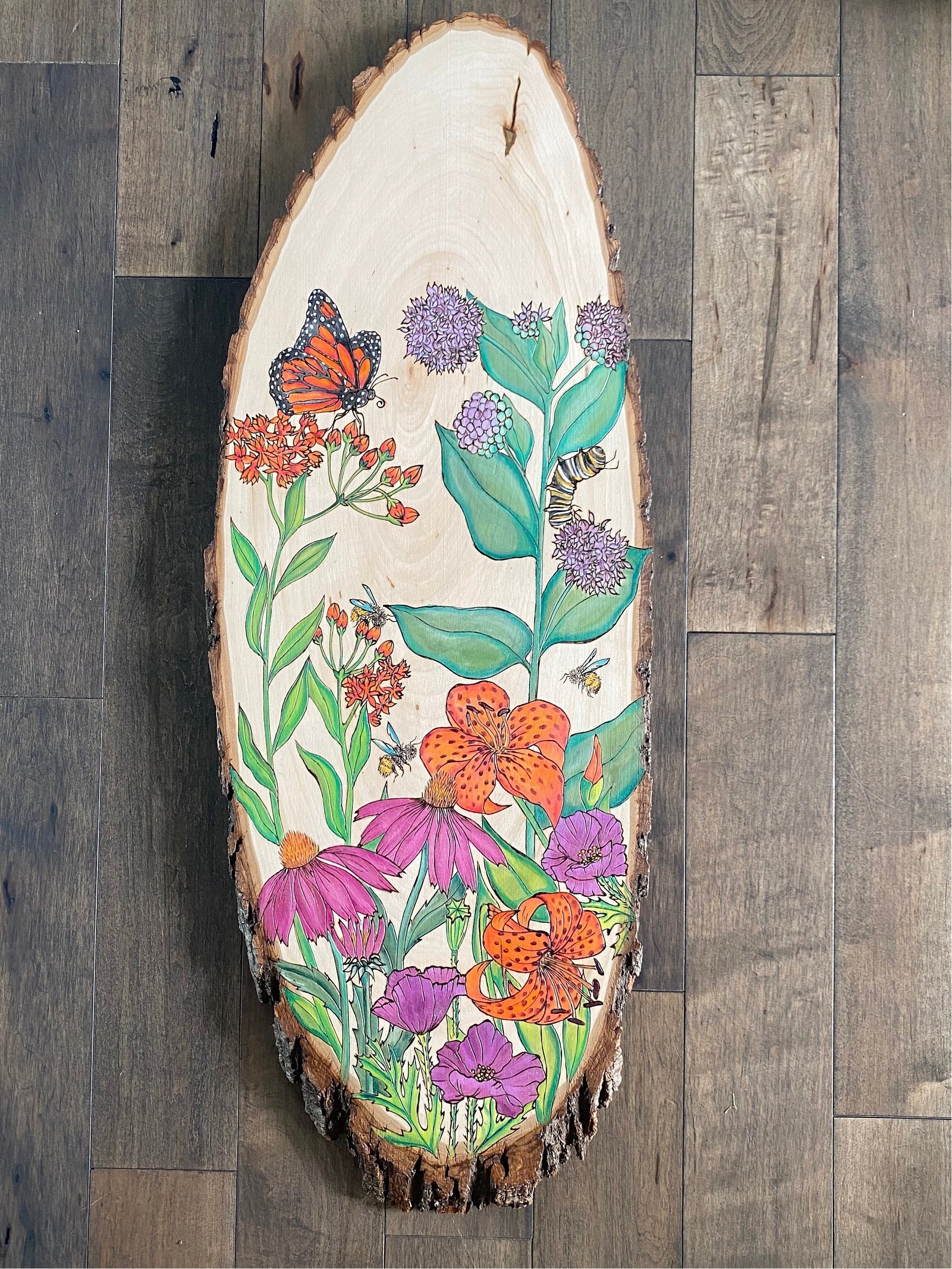 Milkweed & Monarch Wood Burn Art, Wood Tree Slab Art, Floral Painting ...