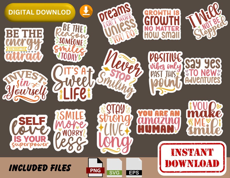 Boho Motivational Quotes Svg Png Bundle, Positive Stickers, Daily ...