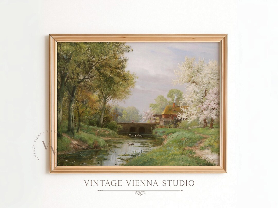 Spring Cottage Landscape Wall Art – Romantic River Painting (digital ...