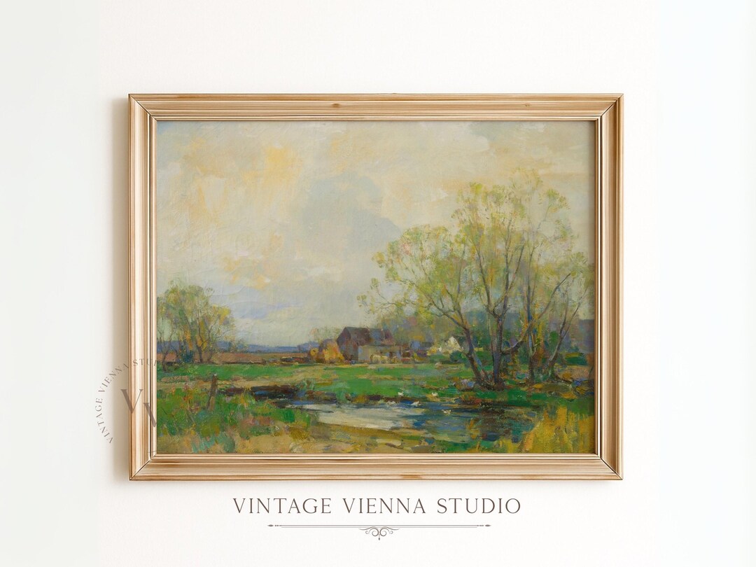 Vintage Farm Oil Painting Printable, Peaceful Pond Landscape Wall Art ...