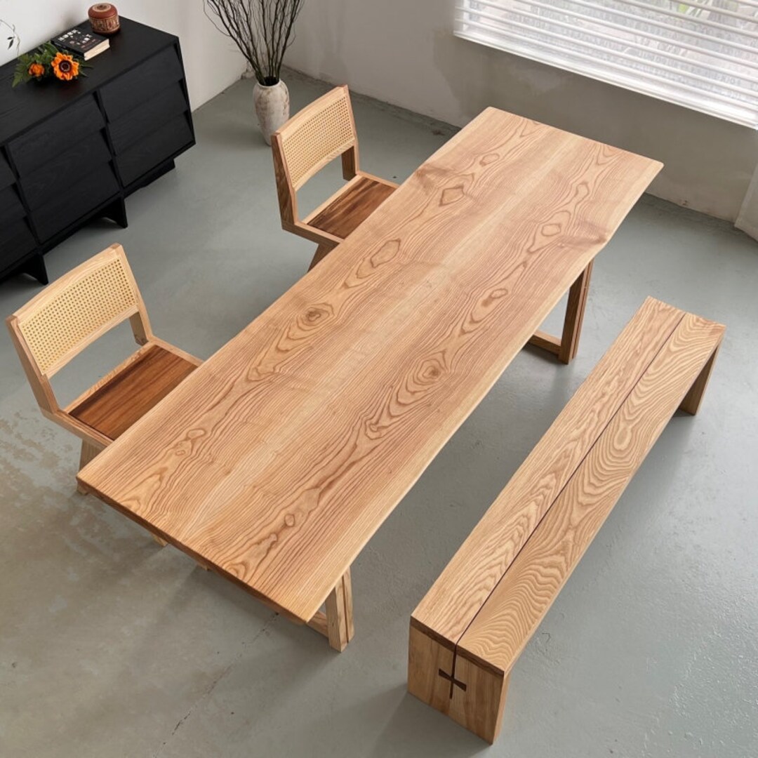 8ft Ash Wood Kitchen Dining Table, Solid Wood Table for 8, Live Edge ...
