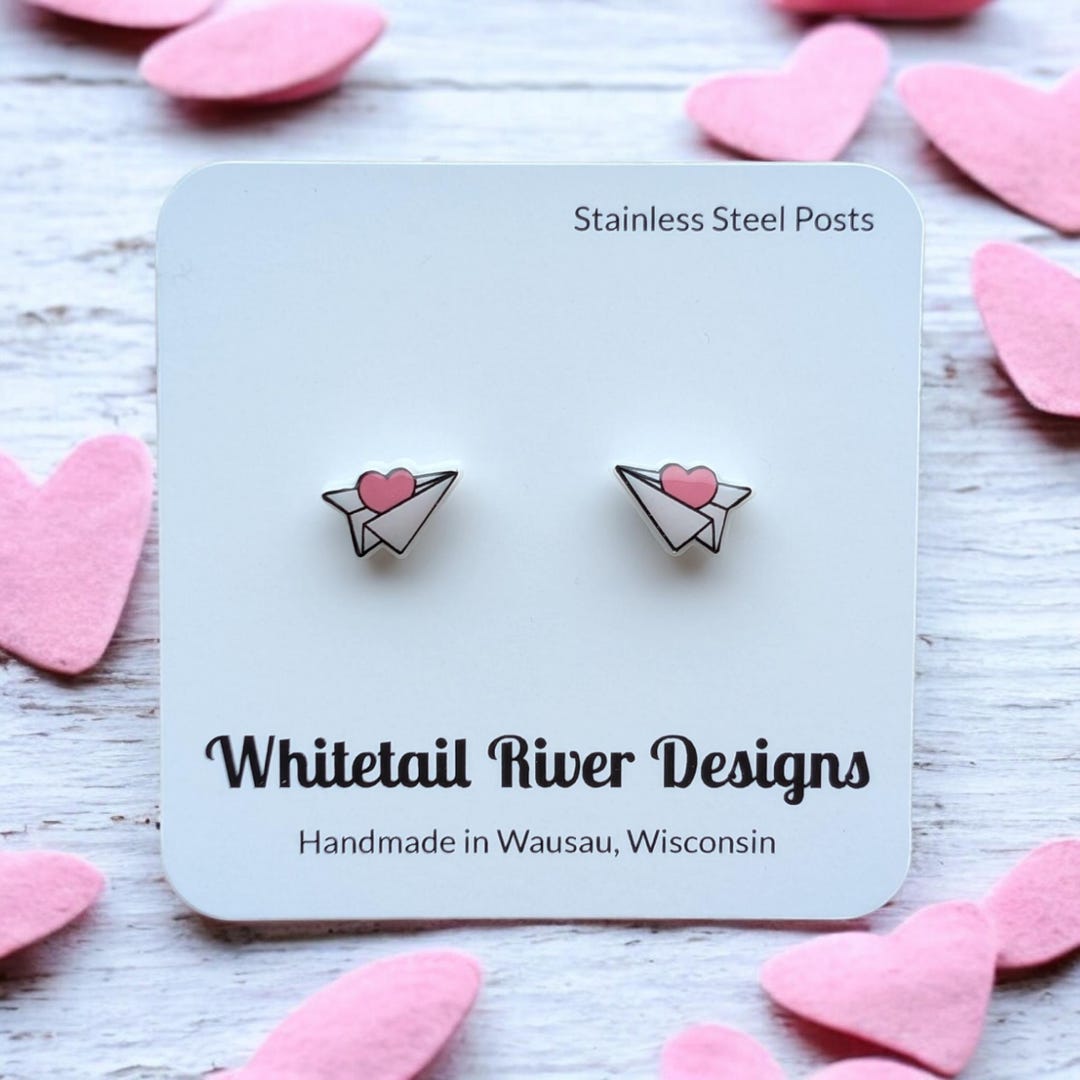 Valentine Pink Heart Paper Airplane Post Acrylic Earrings With ...