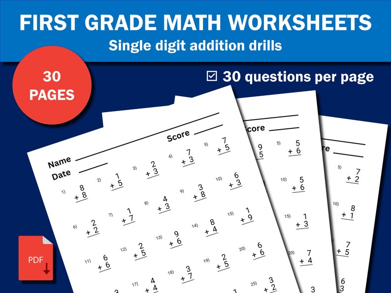 30 Printable First Grade Math Worksheets With Single Digit Addition and ...