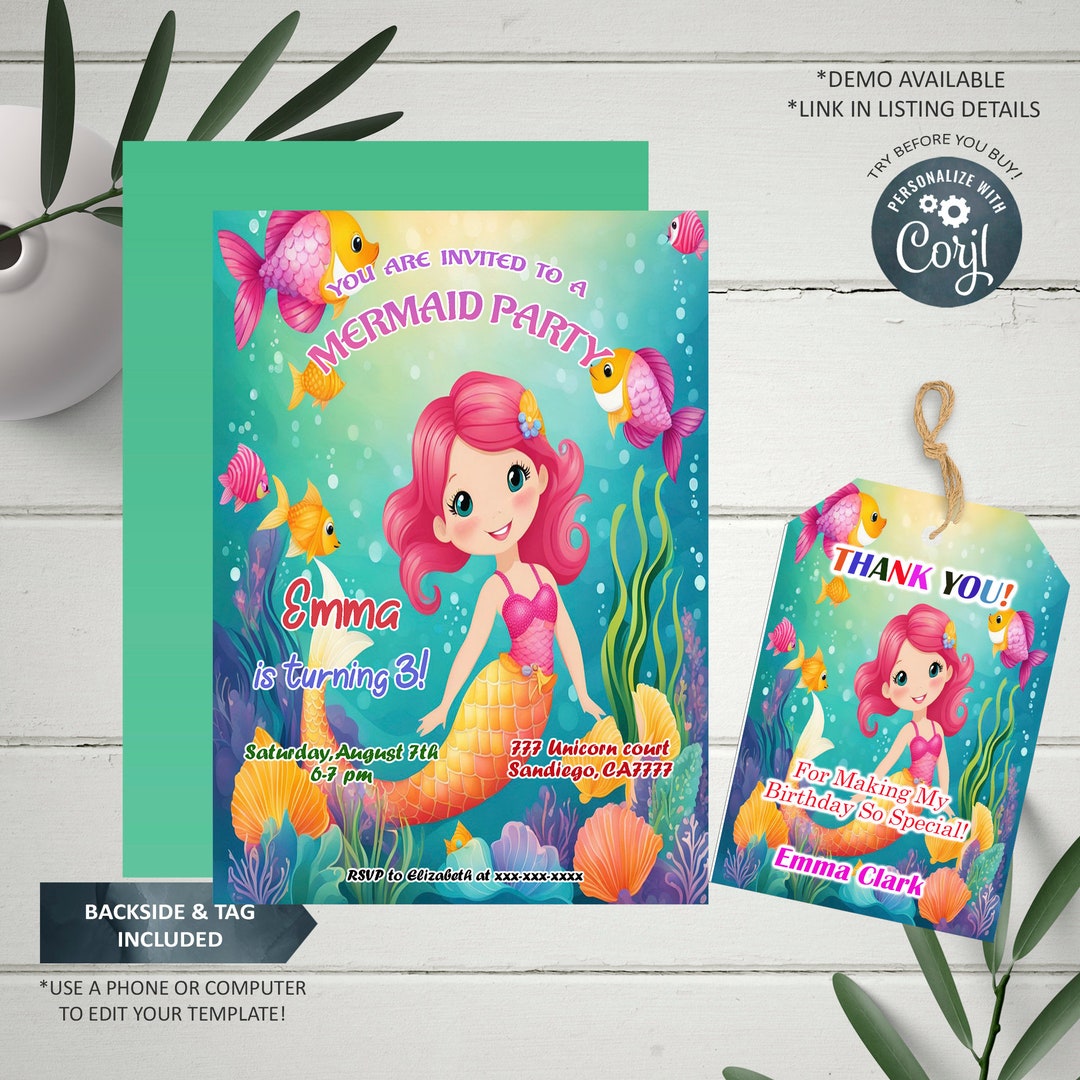 Editable Digital Mermaid Birthday Invitation Under Water - Etsy