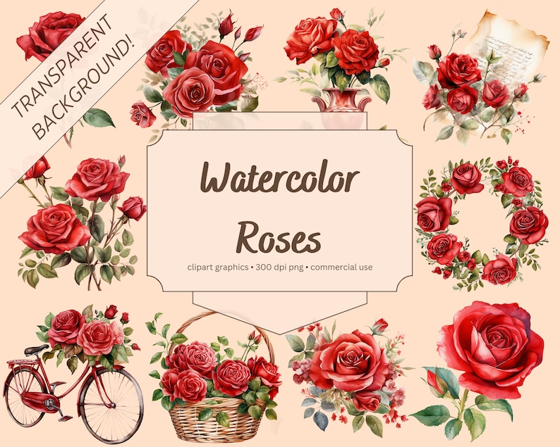 Watercolor Red Roses Clipart - Transparent Digital Png, Instant ...