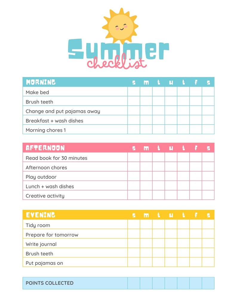 Summer Checklist. Summer Chore Chat. Digital Printable Download - Etsy