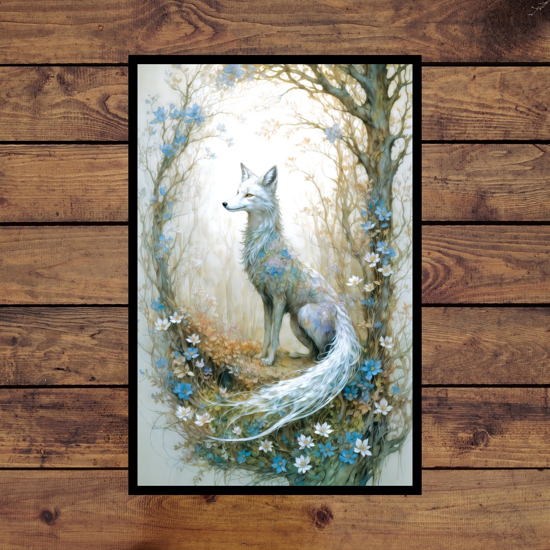 White Fox Poster, Ethereal Fantasy Art Print, Nature Floral Wall Decor ...