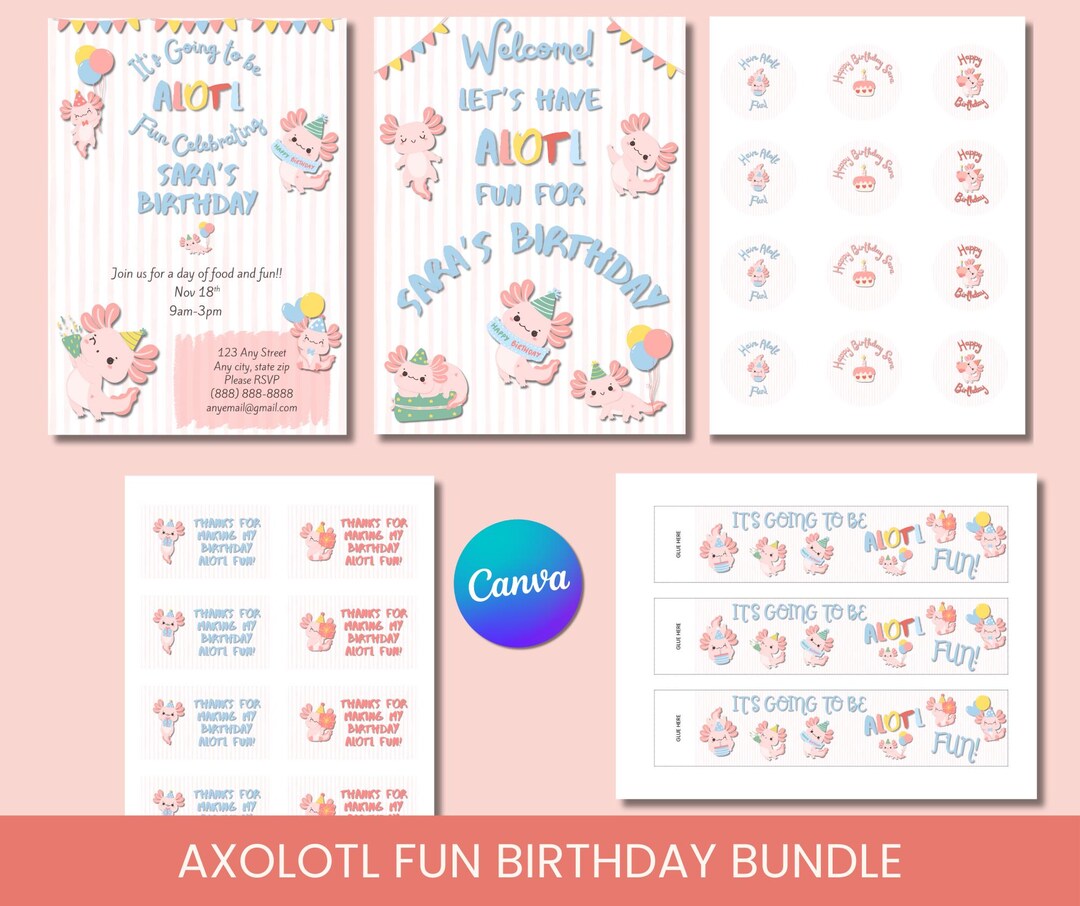 Axolotl Fun Party Bundle, Invitation, Favor Tags, Cupcake Toppers ...