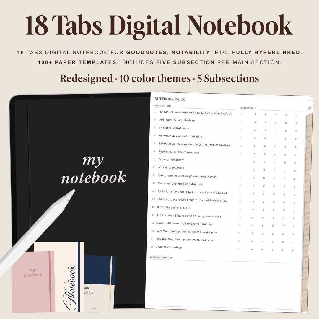 Portrait Digital Notebook, 18 Hyperlinked Tabs, Student Study Planner ...