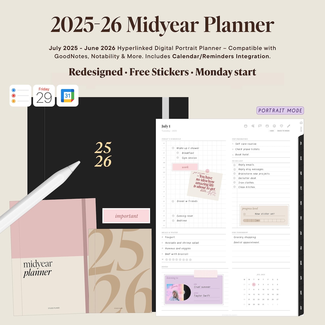 2025-2026 Midyear Digital Planner, Bundle, Free Stickers, Goodnotes ...