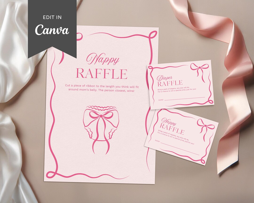 Pink Ribbon Nappy Raffle Sign & Cards | Diaper Raffle Ticket Game | DIY ...