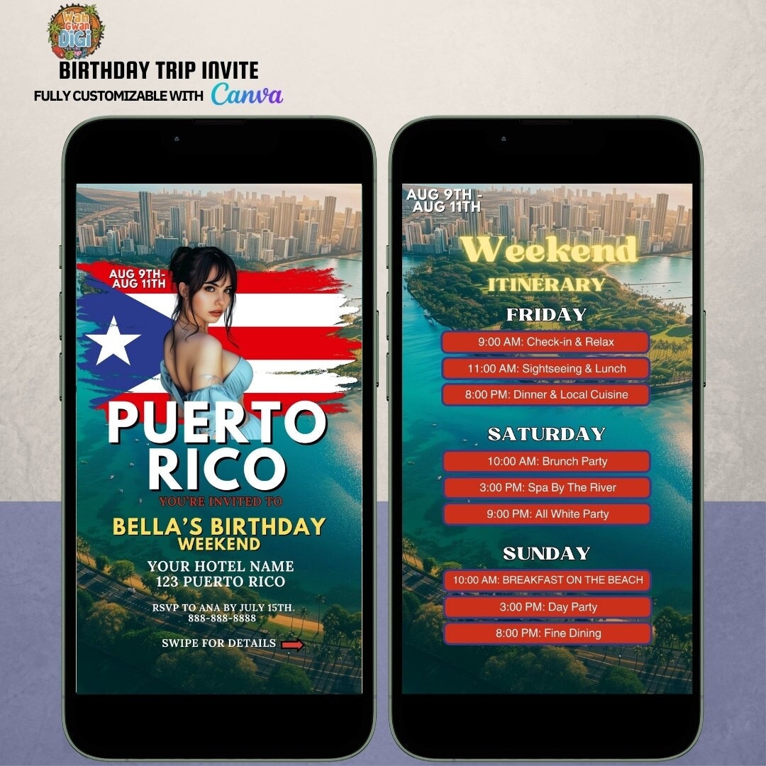 Puerto Rico Birthday Trip Itinerary Invite: Editable Canva Template ...