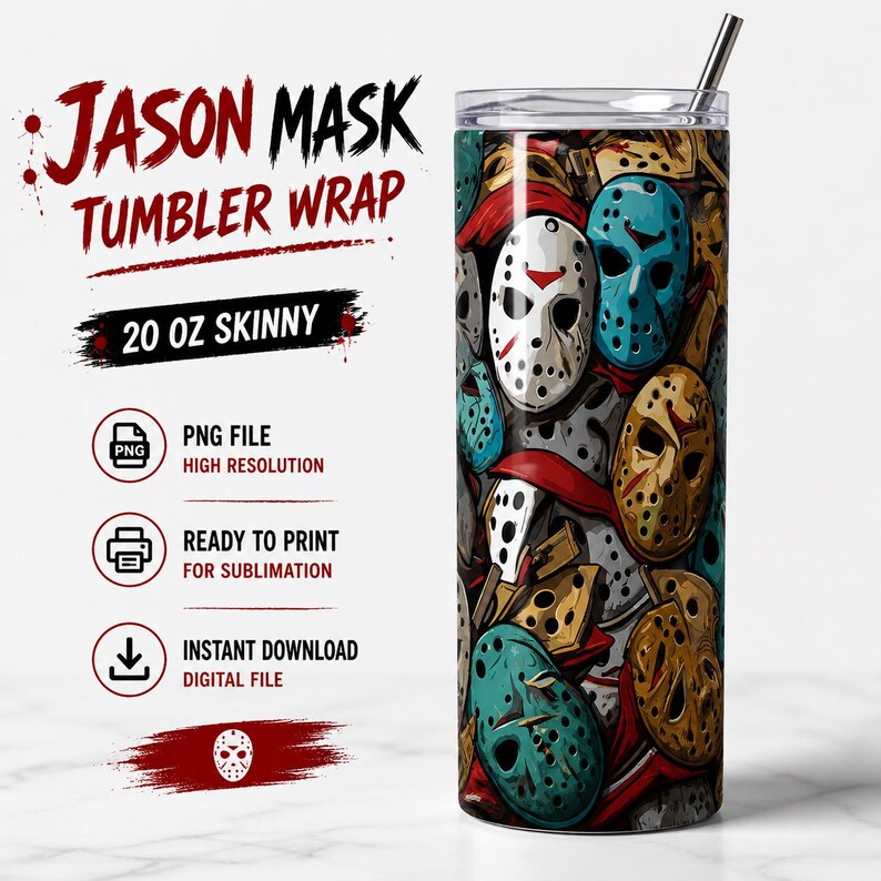 Jason Mask Tumbler Wrap PNG 20oz Skinny – Horror Sublimation Design ...