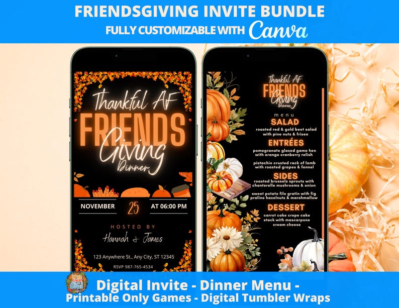 Friendsgiving Digital Invitation Bundle | Thanksgiving Friends Dinner ...