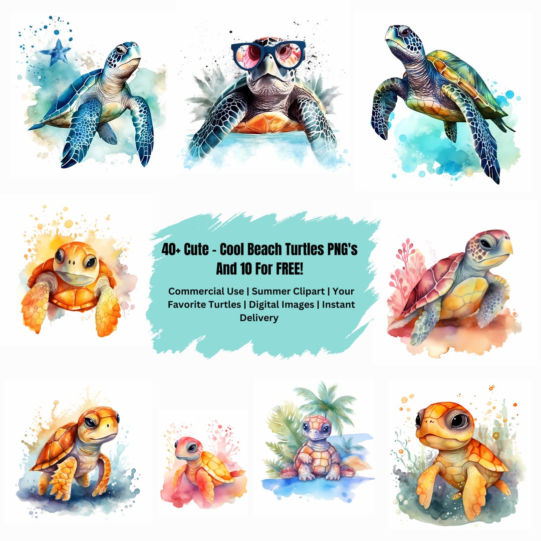 Cute Cool Summer Ocean Sea Turtle Watercolor Nautical Clipart, Sea Life ...