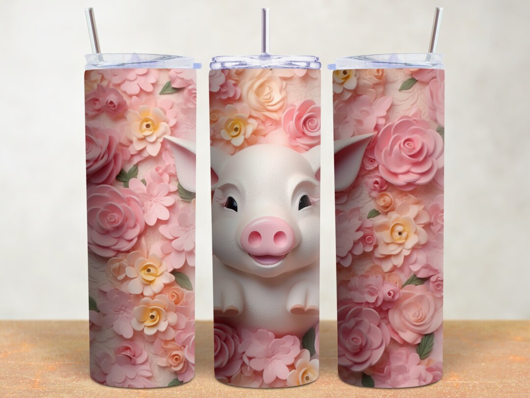 3D Pig With Muted Pastel Flowers 20 Oz Skinny Tumbler Sublimation ...