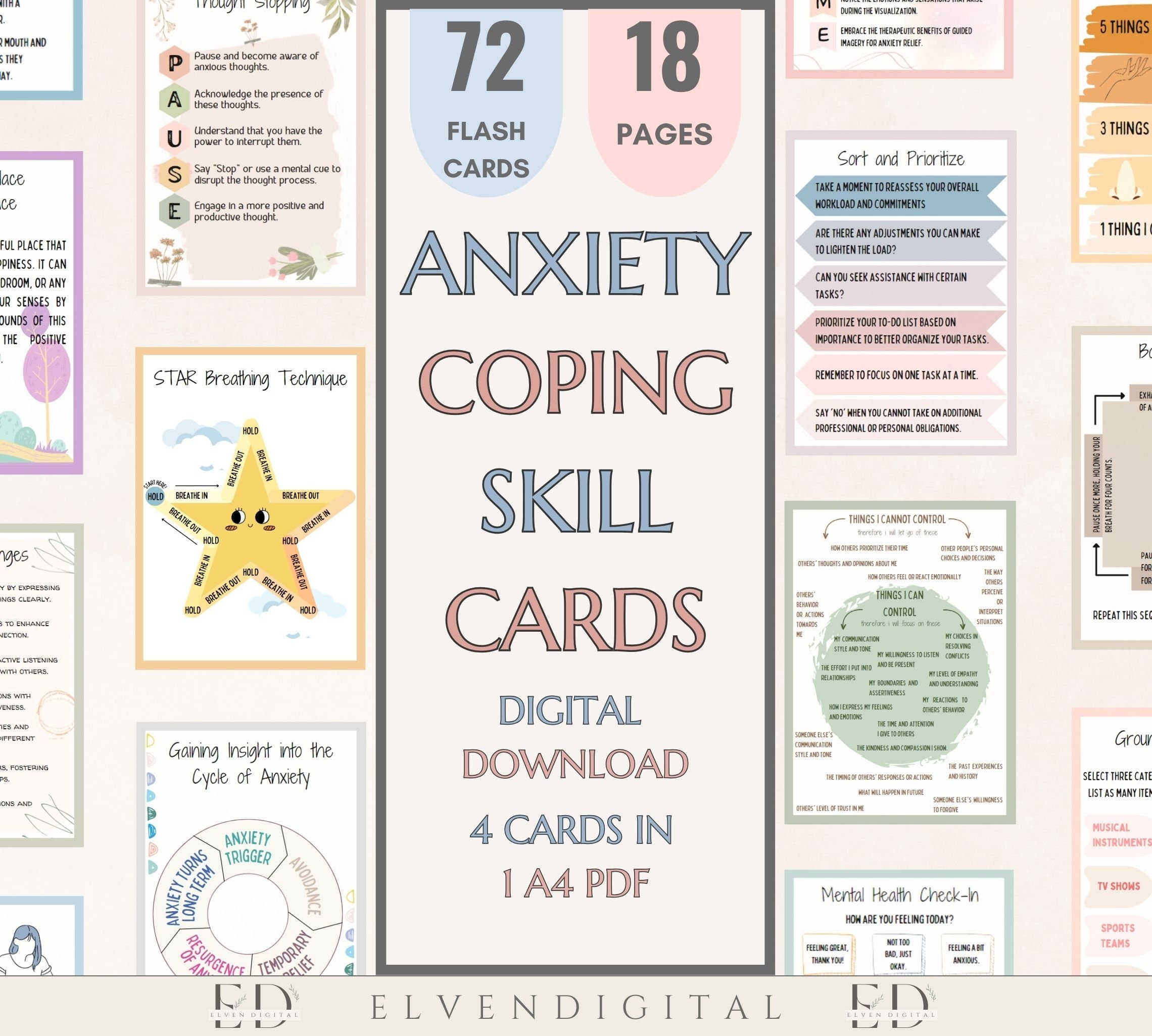 Anxiety Coping Skills Cards Calm Down Corner Psychologist Cards Mental ...