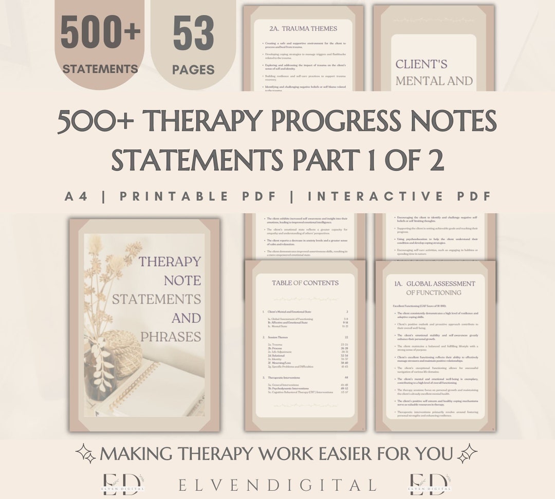 Support Clients With Therapy Progress Notes Phrases Statements Cheat ...